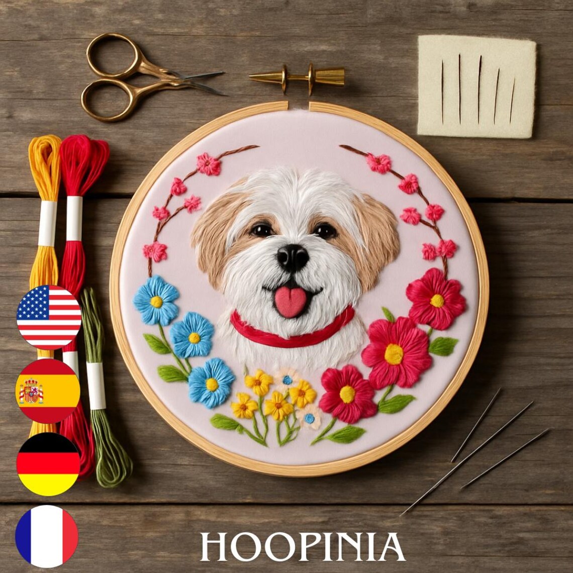 Dog Floral Hand Embroidery Pattern DMC Guide PDF Pet Portrait Hoop ...