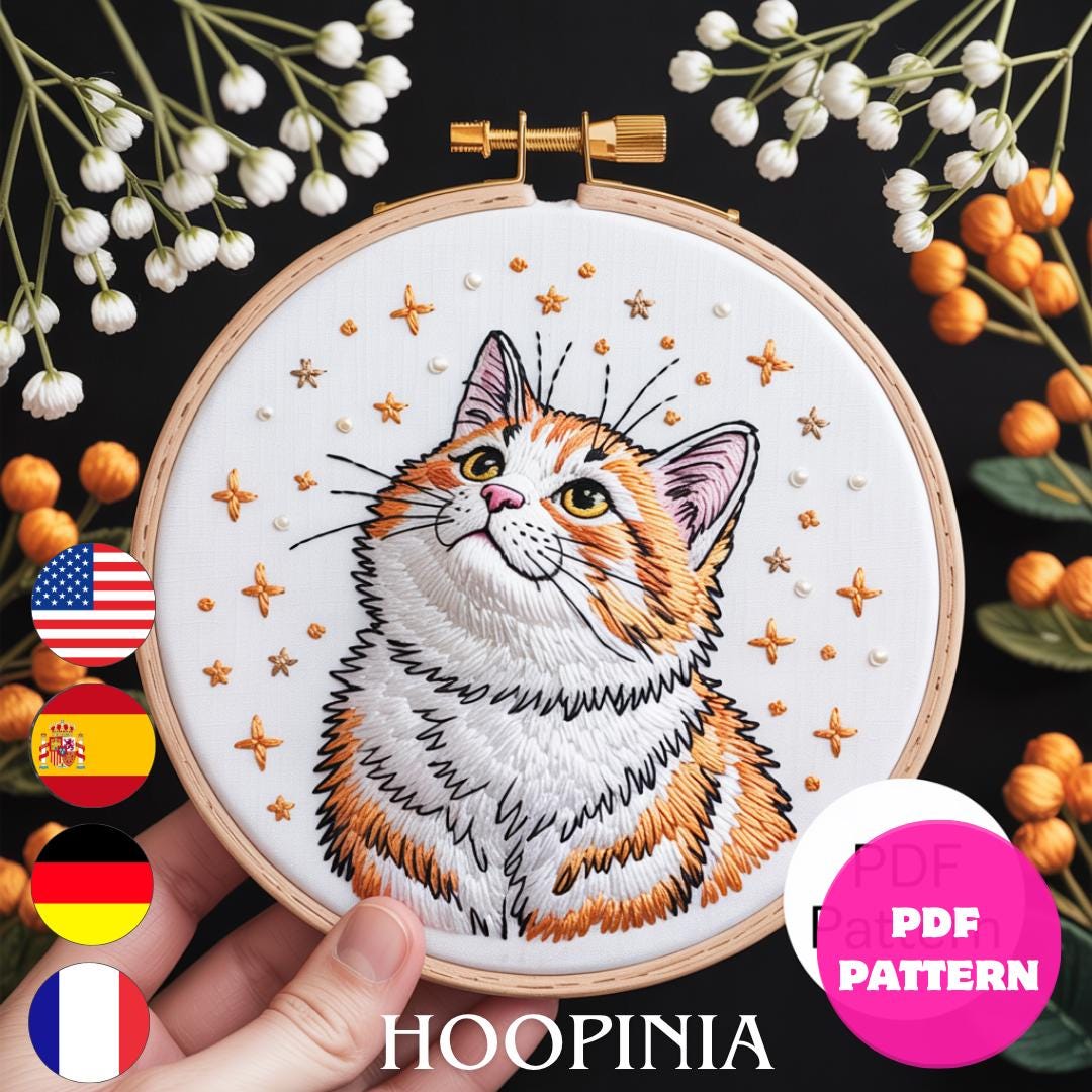 Orange Cat Embroidery Pattern With Stars | PDF Design| Beginner Hand ...