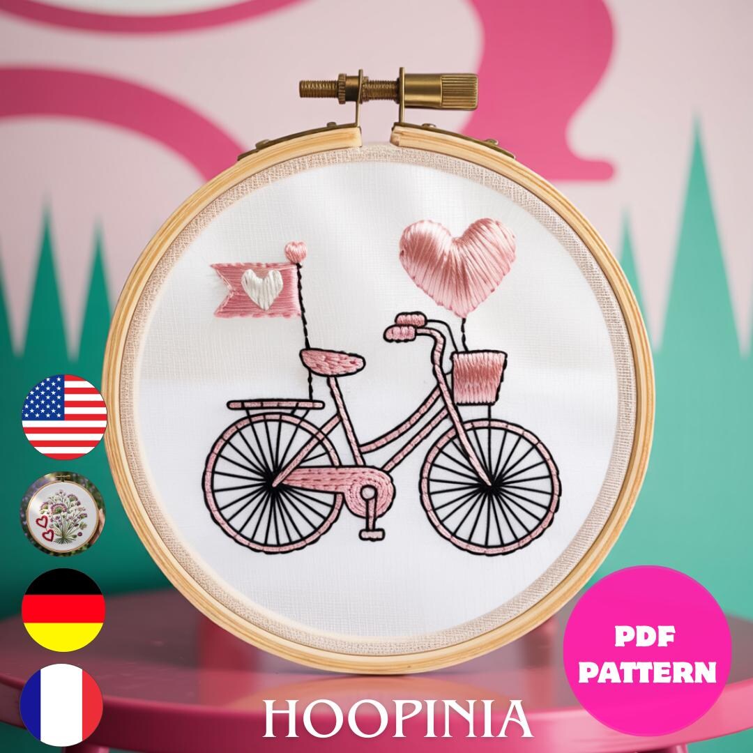 Pink Bicycle Hand Embroidery Pattern PDF With Hearts | Beginner DMC ...