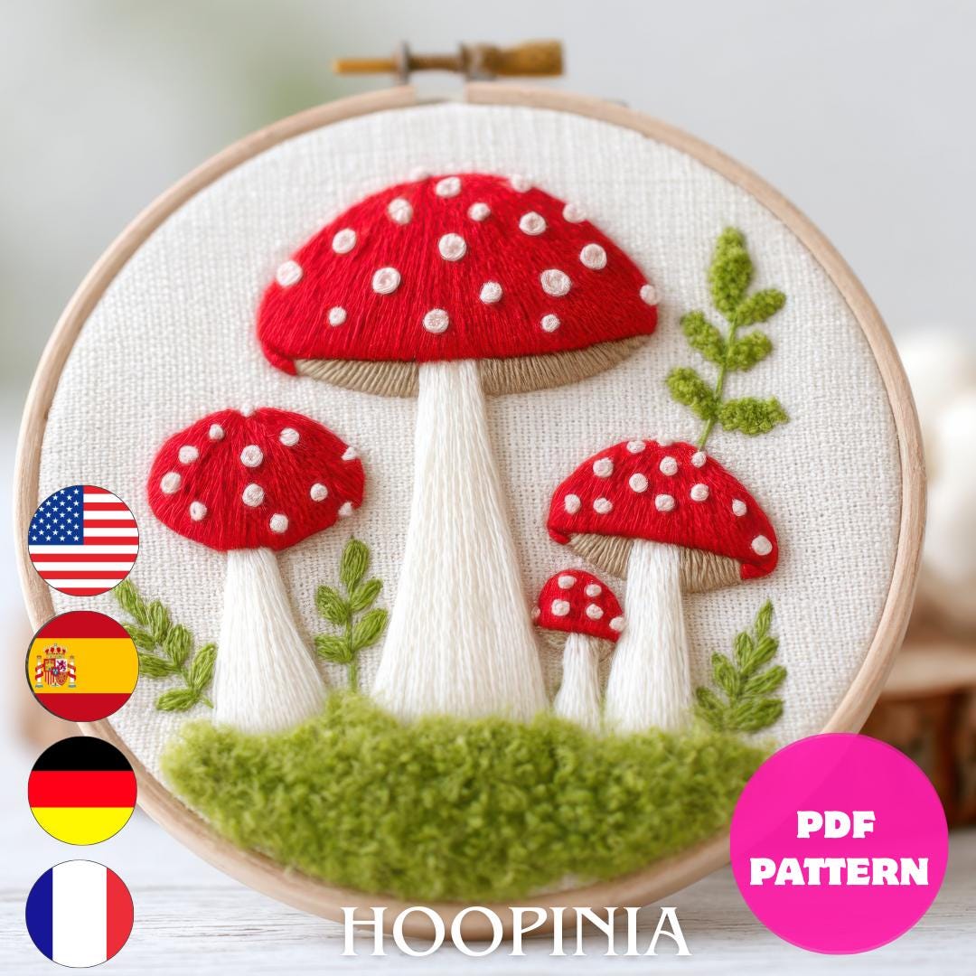 Red Mushroom Embroidery Pattern PDF | Woodland Hoop Art | Multilingual ...