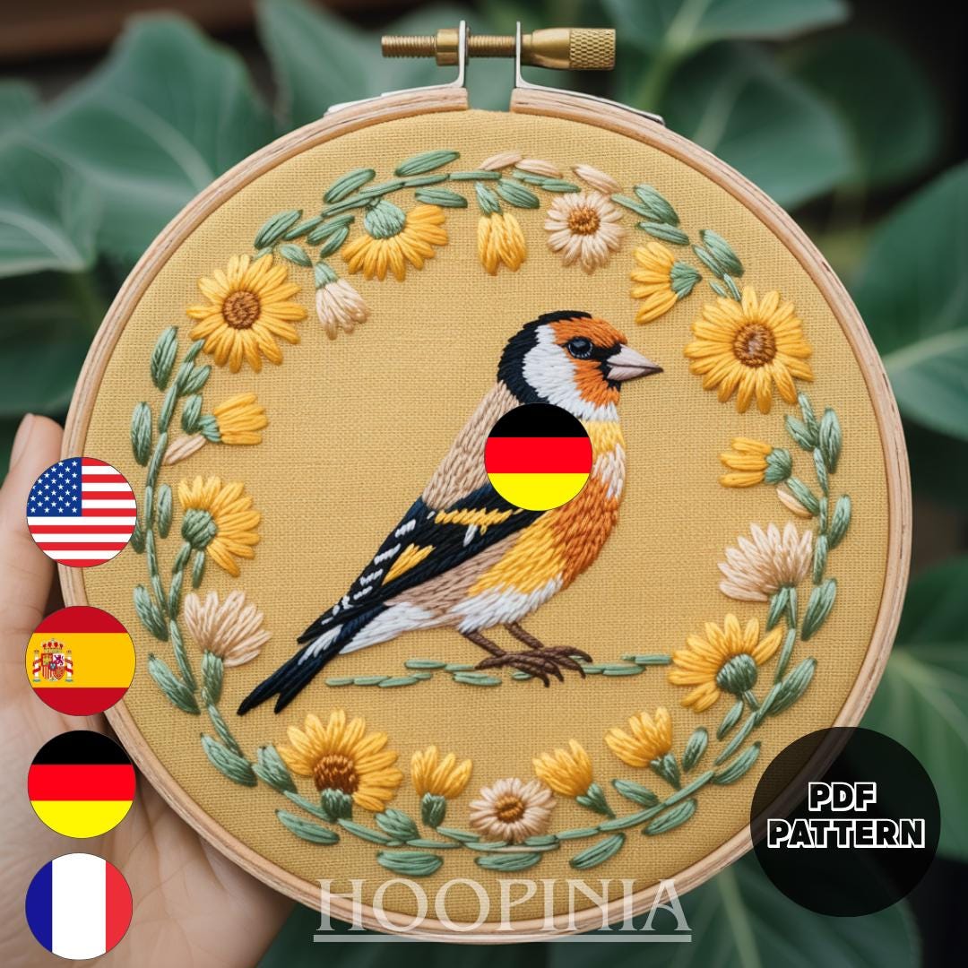 Goldfinch Embroidery Pattern | Floral Wreath Needlework (PDF Pattern ...