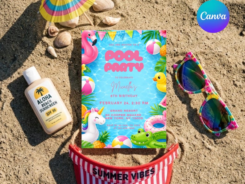 Pool Party Invitation Template, Editable Kids Summer Splash Party ...
