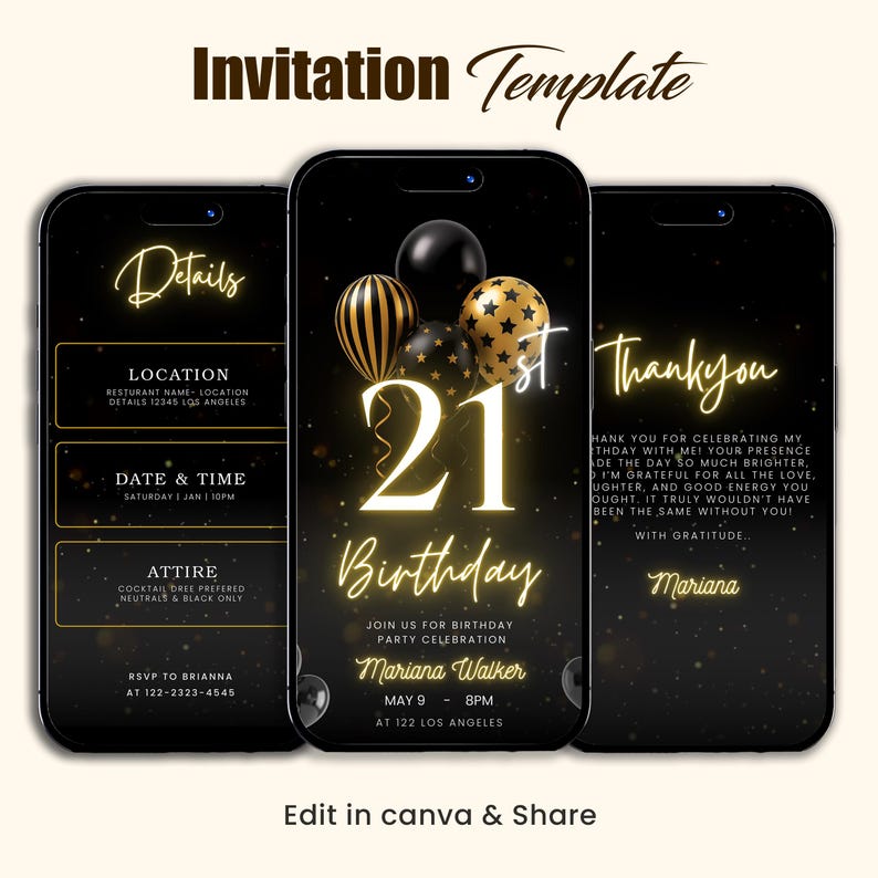 Digital 21st Birthday Party Invitation Video Template, Luxury Black and ...