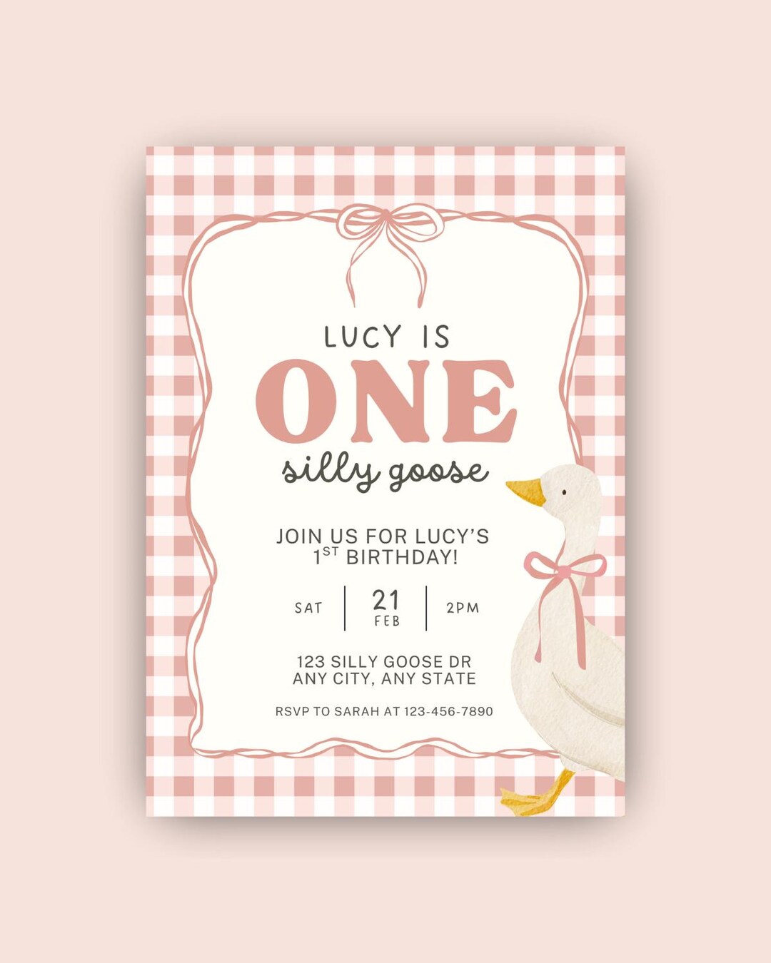 One Silly Goose Invite | DIGITAL DOWNLOAD | Pink Gingham 1st Birthday ...