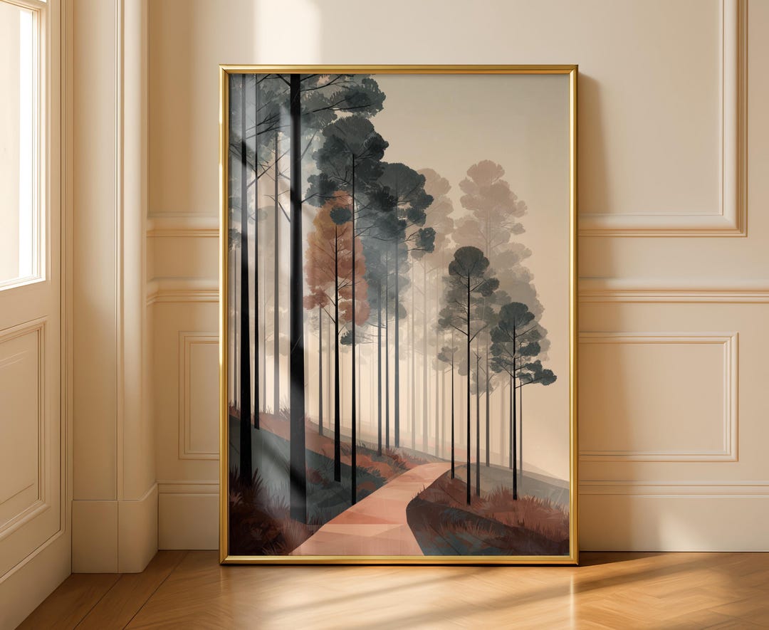 Stylized Forest Path Poster, Walking Trail Through Tall Pines, Misty ...