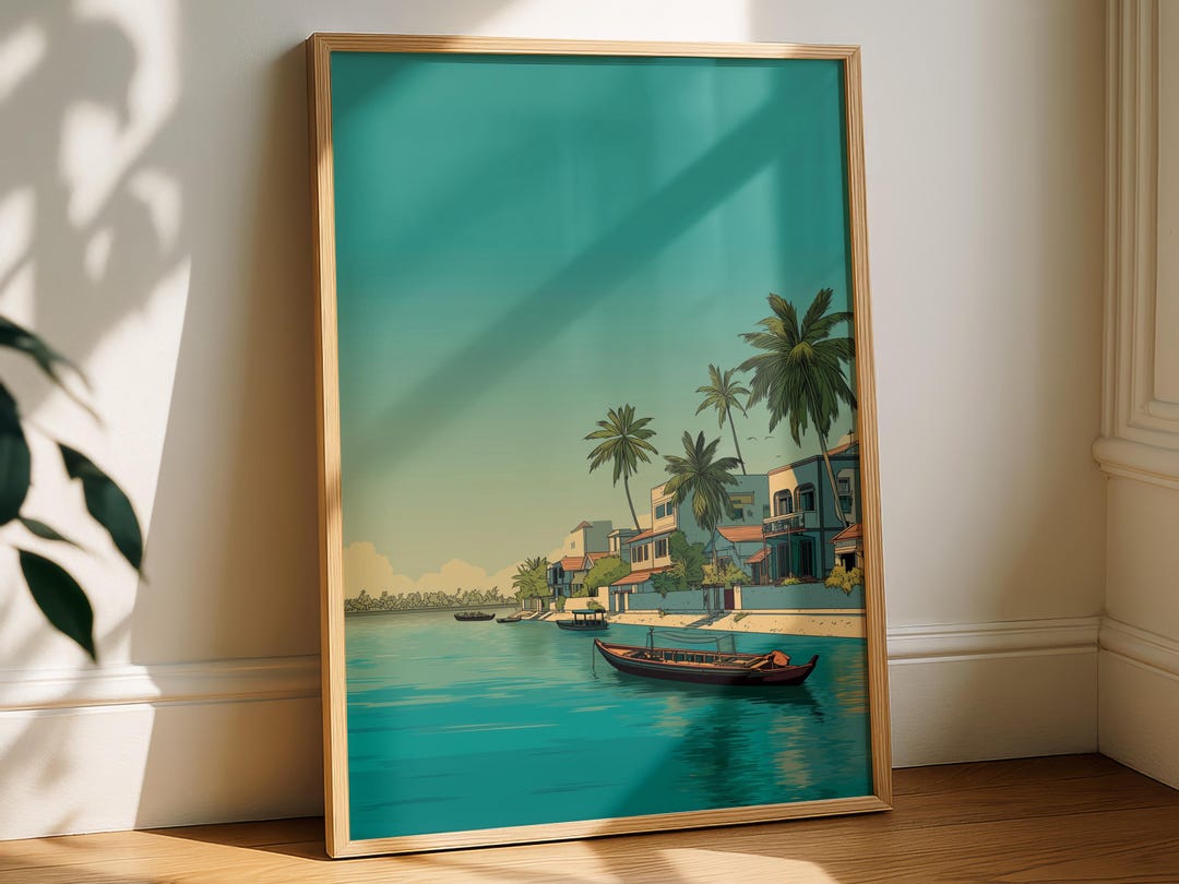 Riverfront Longtail Boat Poster, Ligne Claire Tropical Scene With Palm ...