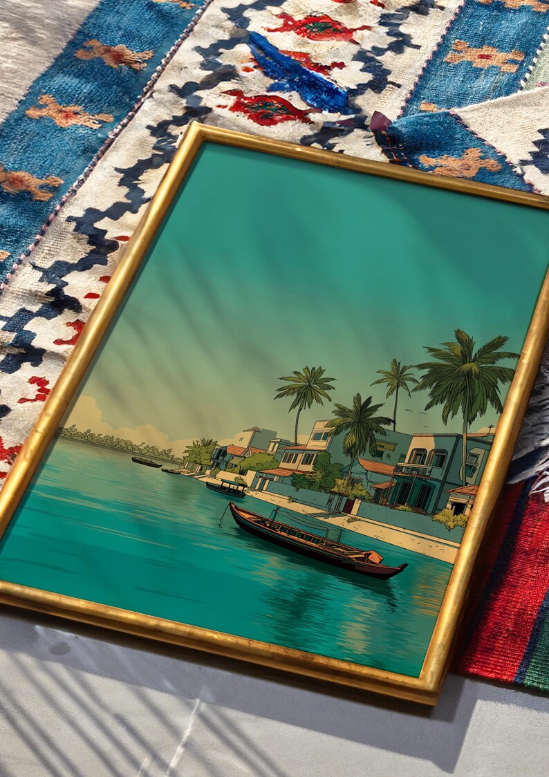 Riverfront Longtail Boat Poster, Ligne Claire Tropical Scene With Palm ...