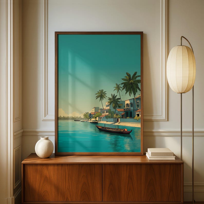 Riverfront Longtail Boat Poster, Ligne Claire Tropical Scene With Palm ...