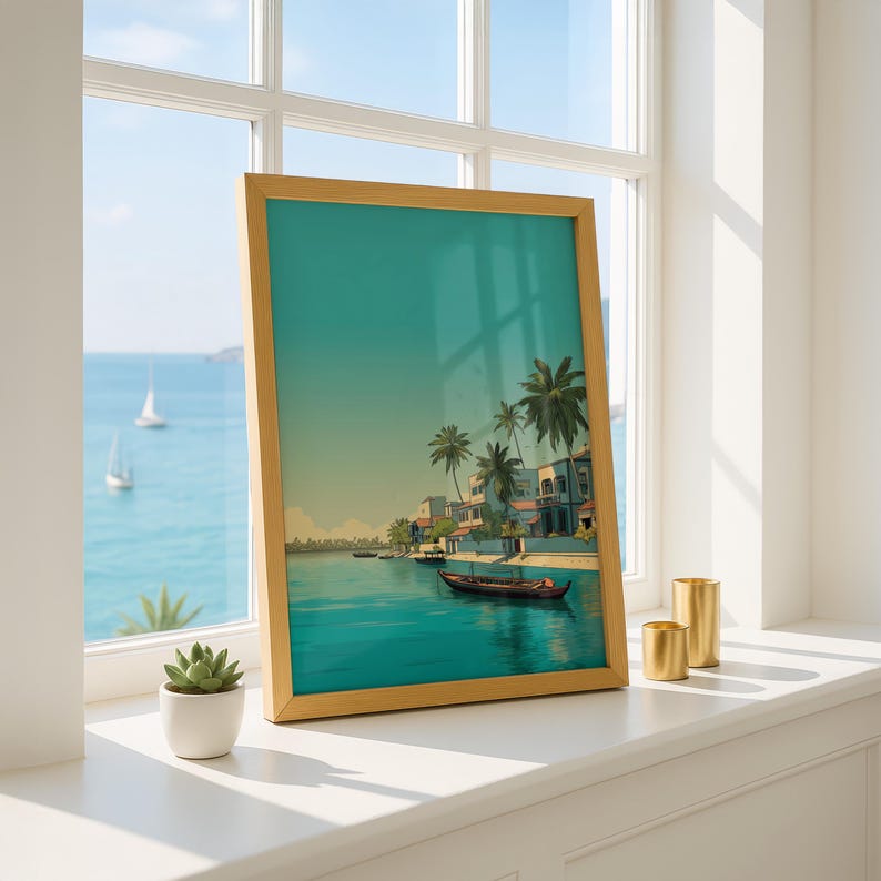 Riverfront Longtail Boat Poster, Ligne Claire Tropical Scene With Palm ...