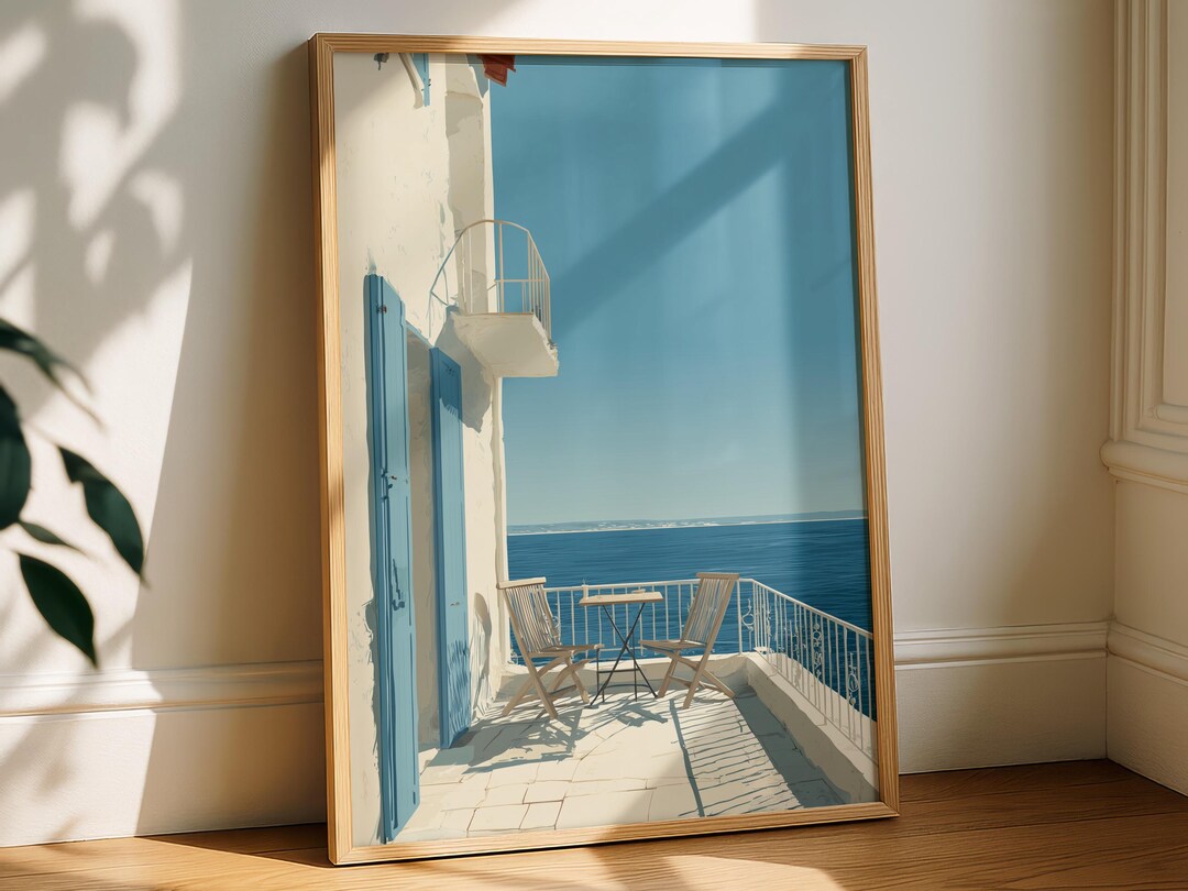 Mediterranean Balcony Sea View Poster, Ligne Claire Coastal ...