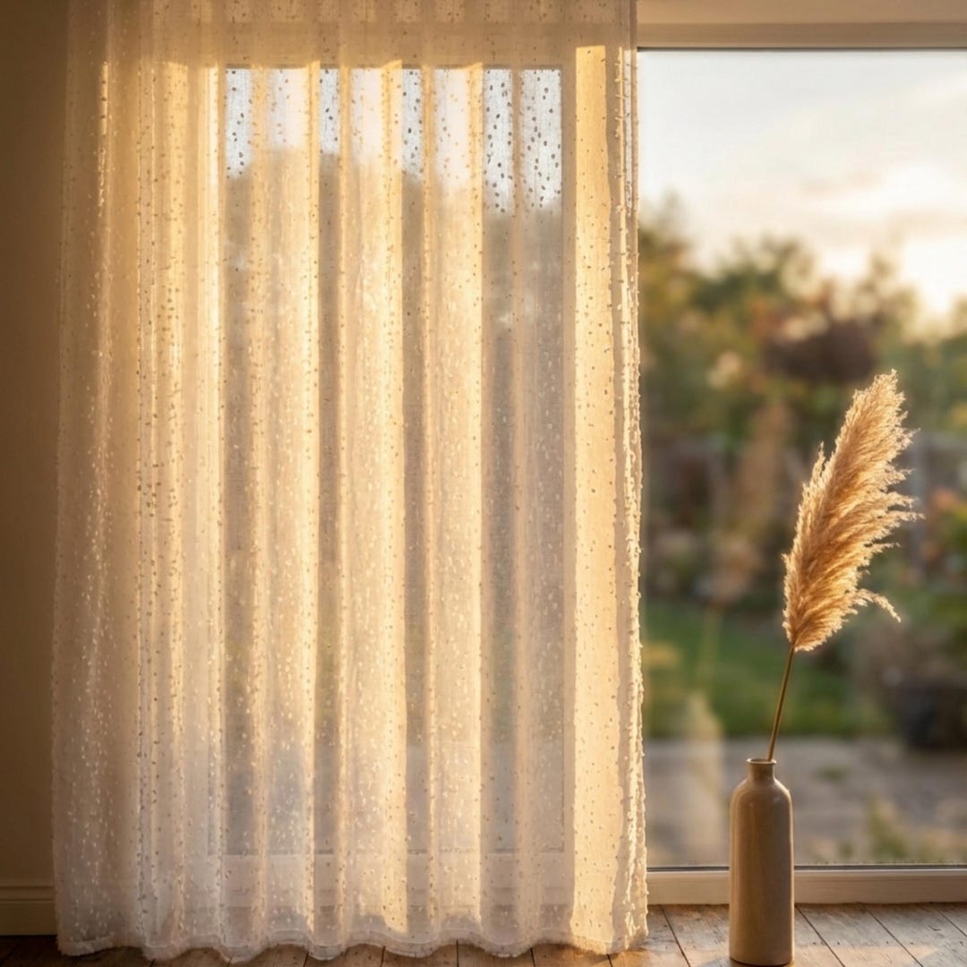 White Linen Textured Voile Sheer Curtains, Tufted Pom Pom Tulle ...