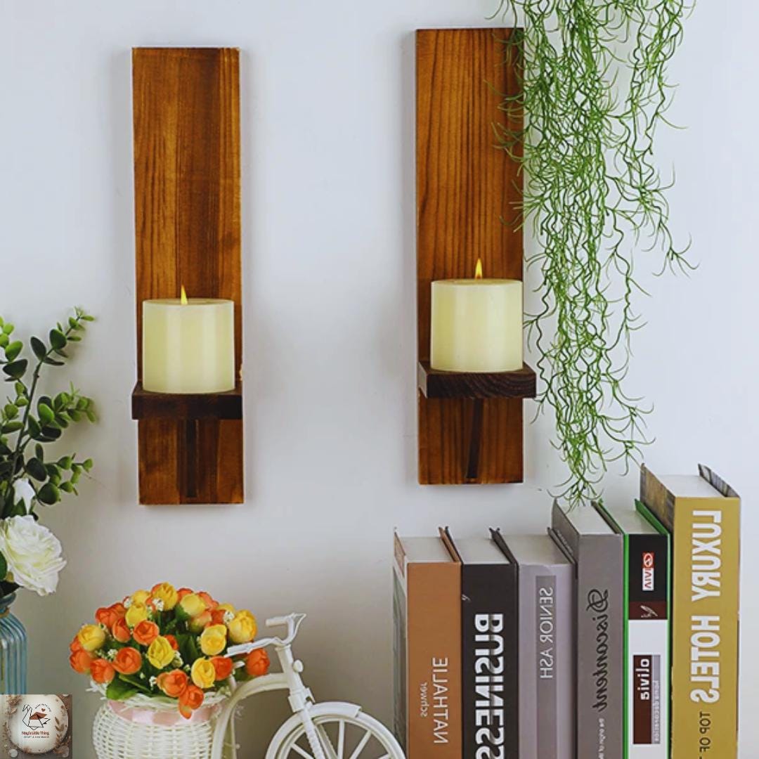 Rustic Wooden Wall Candle Sconces Set - Etsy