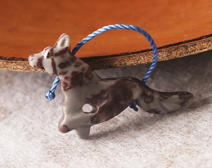 Hand Carved Picture Jasper Wolf Pendant | Natural Flower Pattern ...