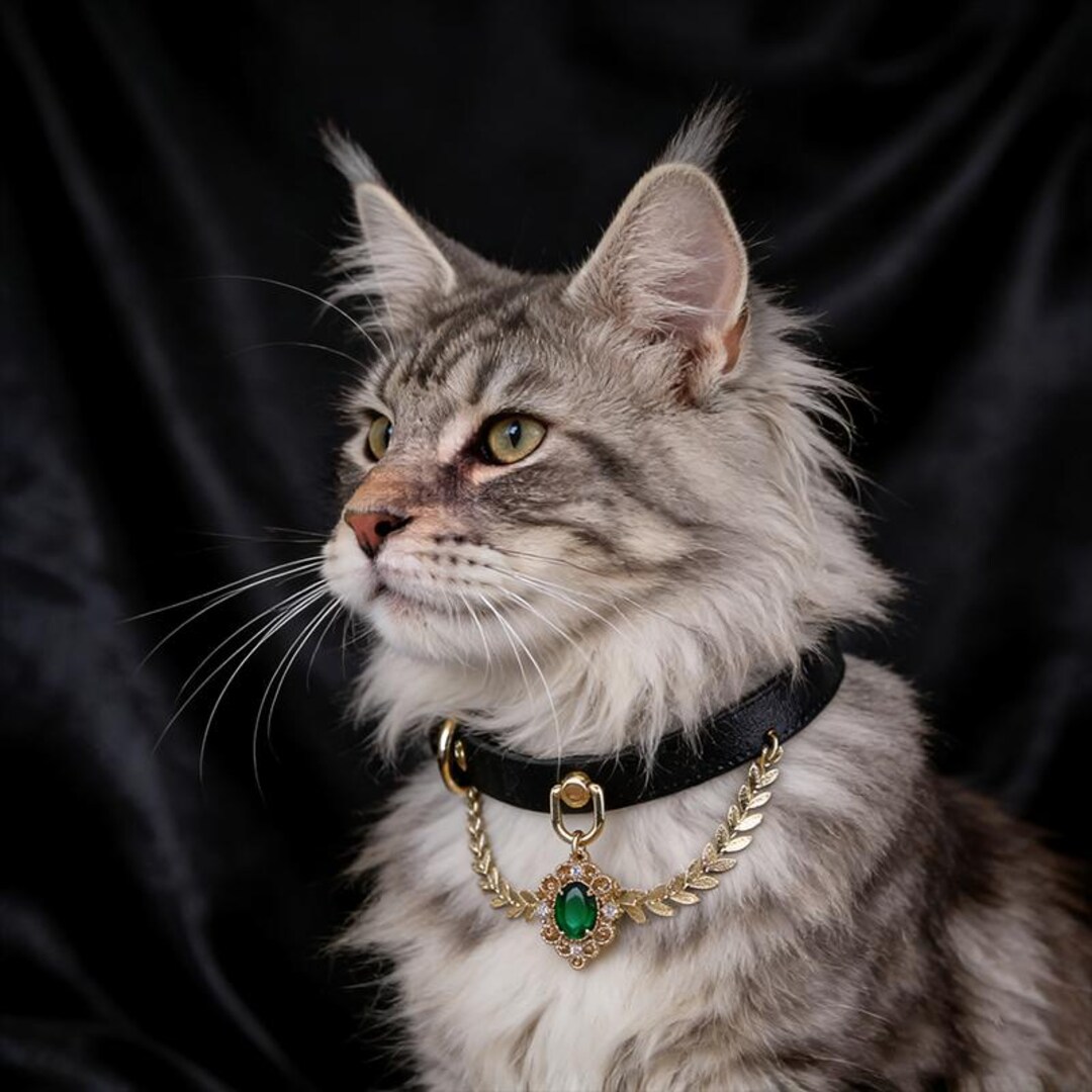 Luxury Emerald Green Oval Gem Cat Collar, Gold Leaf Chain Pet Choker ...