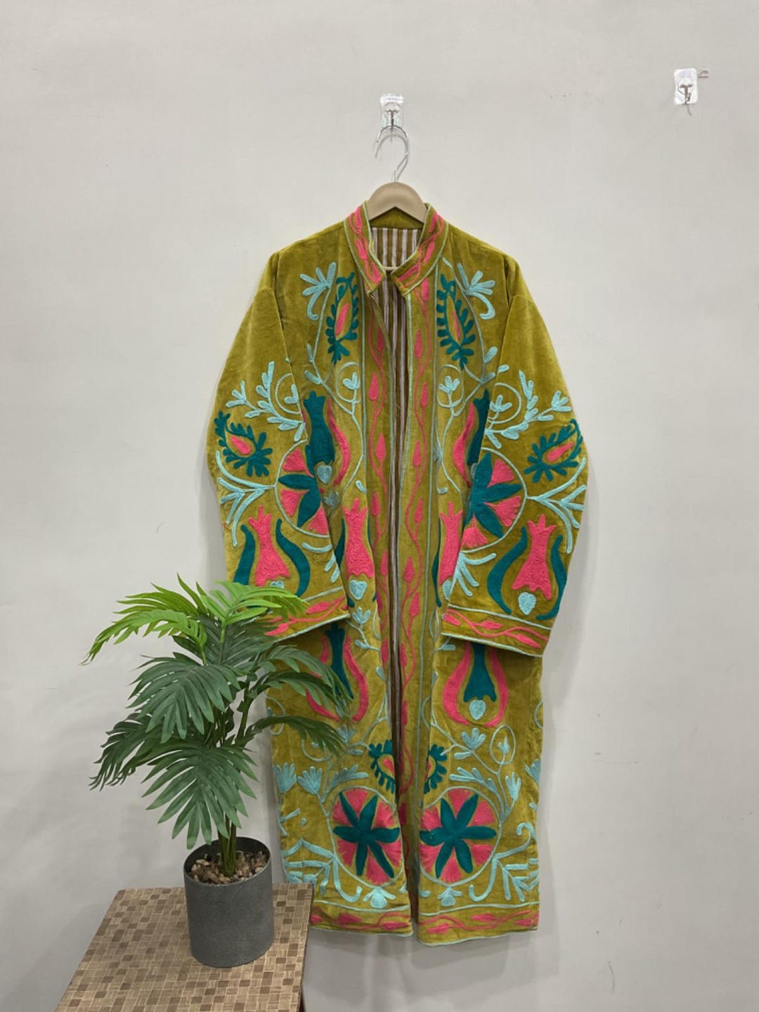 Green Velvet Cotton Coat Floral Embroidery Long Coat Winter Wear ...