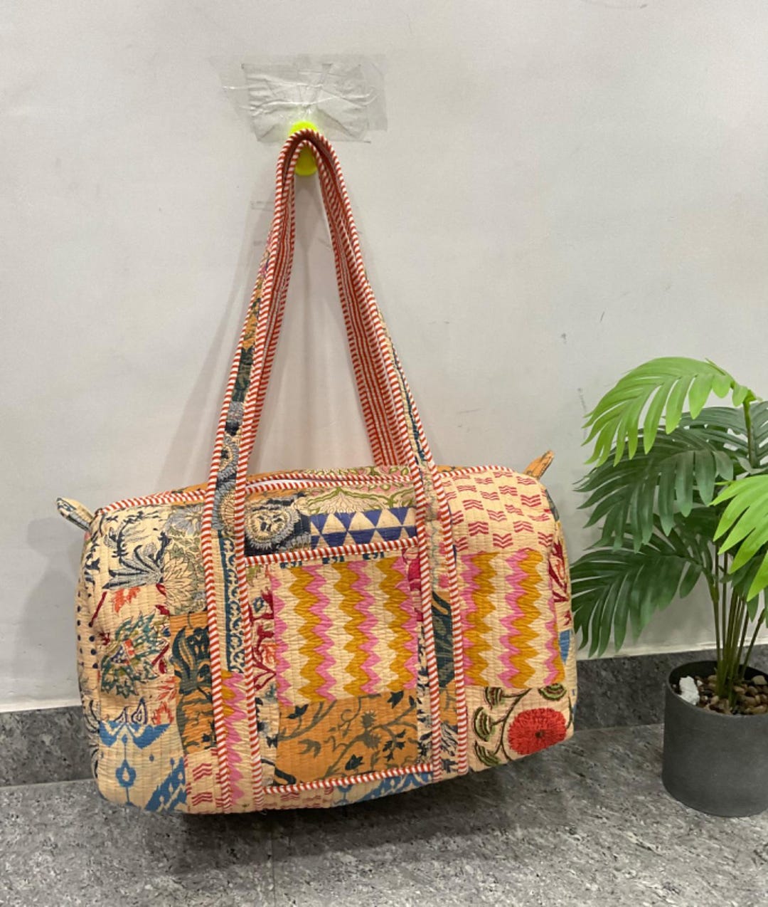 Patchwork Duffle Bag Floral Block Print Blue: Pink Floral Quilted ...