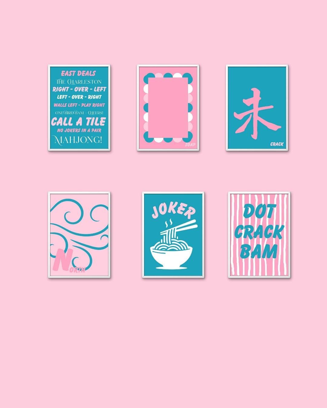 Mahjong Set of Prints Printable PDF Wall Art Teal and Pink - Etsy