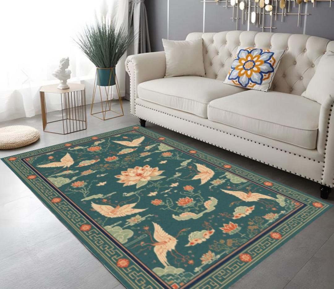 Korean Rug, Oriental Lotus Crane Area Rug, Asian Decor - Etsy