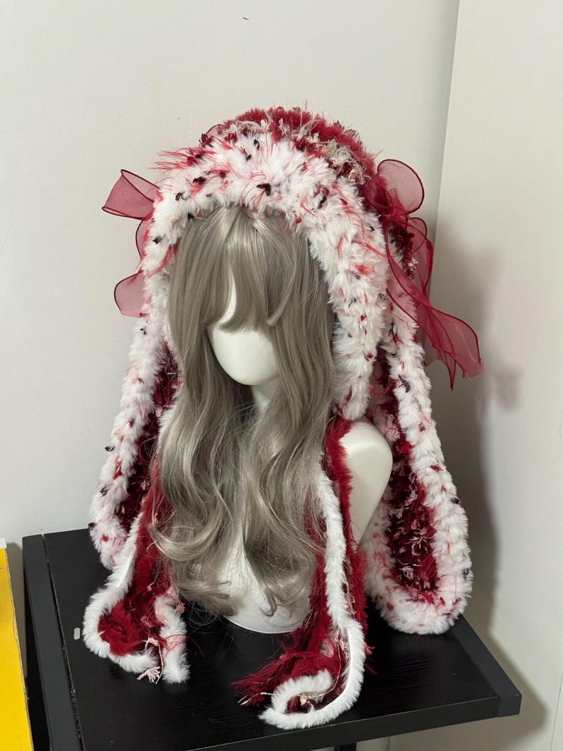 Handmade Crochet Red Bunny Ear Hood, Kawaii Cosplay Scarf - Etsy