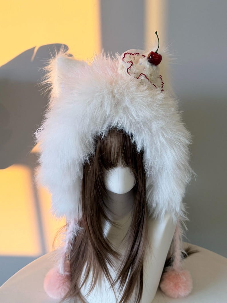 Handmade Crochet Fox Hood, Strawberry Cake Kawaii Hat, Detachable Ears ...