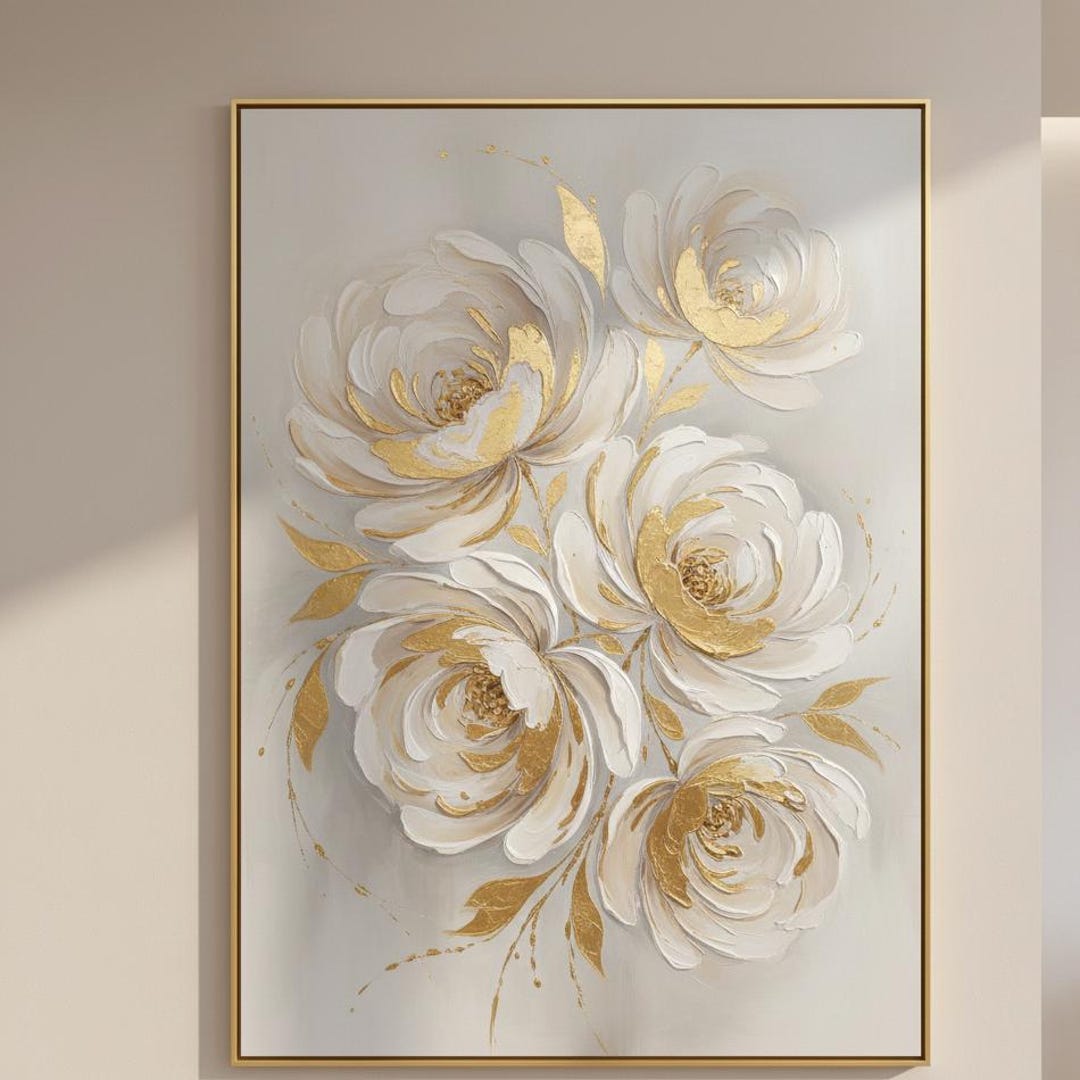 Abstract Ethereal Gold Floral Wall Decor, Modern Luxury Bloom Digital ...