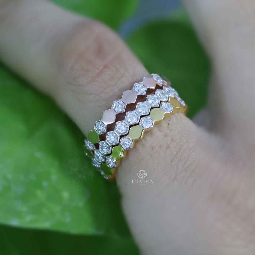 Hexagon Lab Grown Diamond Ring | 14K Gold Minimalist Band for Her - Etsy