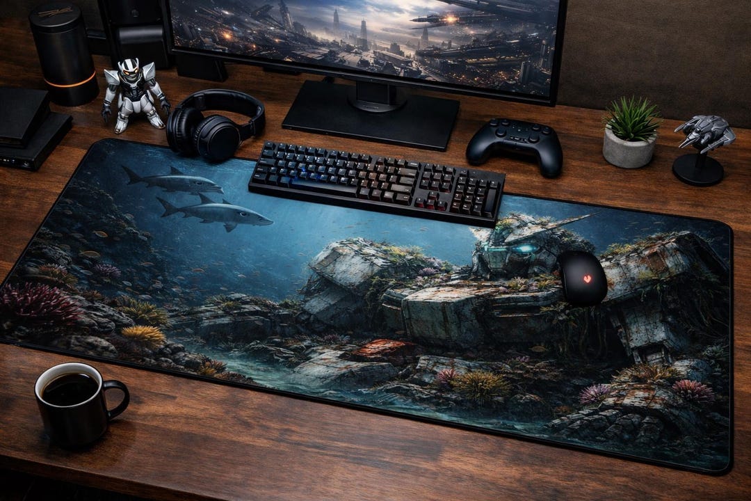 Underwater Mech Wreck Desk Mat | Ocean Ruins, Sharks, Coral - Etsy