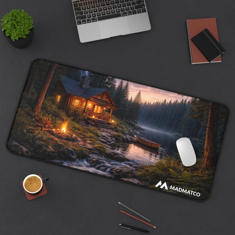 Cozy Lakeside Cabin Campfire Desk Mat | Scenic Nature Mouse Pad - Etsy