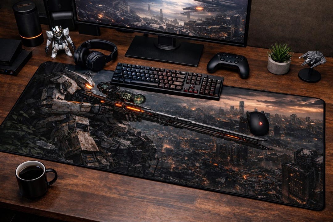 Sniper Mech Overlooking Ruined City Desk Mat | Gaming Mousepad ...