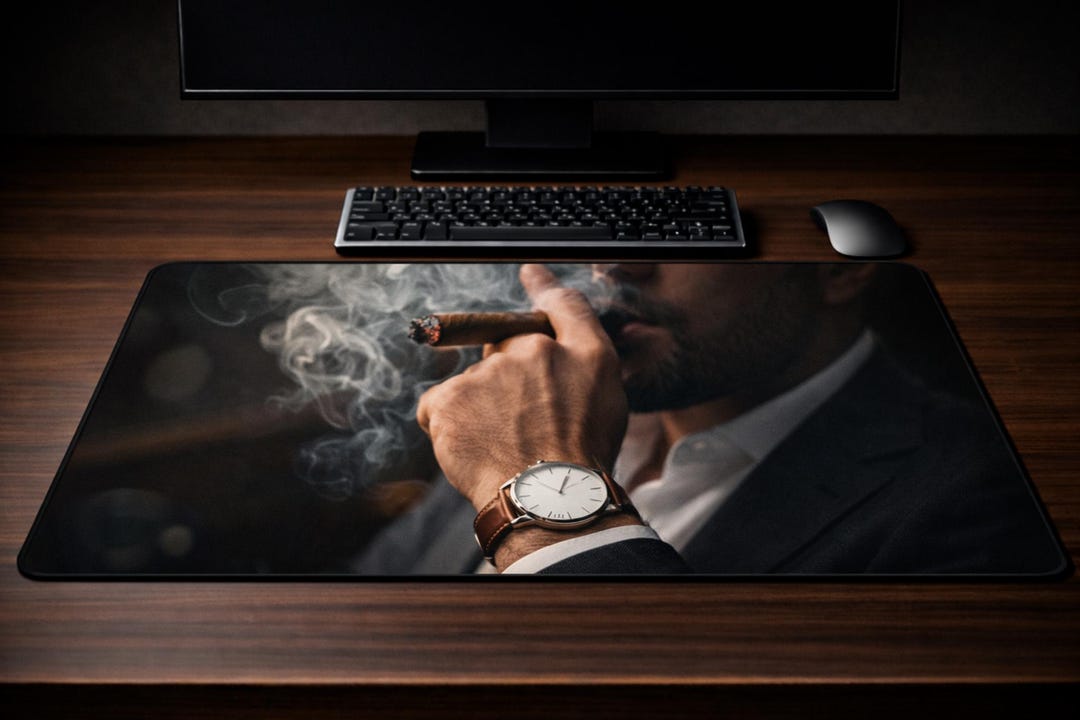 Man Smoking Cigar With Watch Desk Mat | Leather Texture Mouse Pad - Etsy