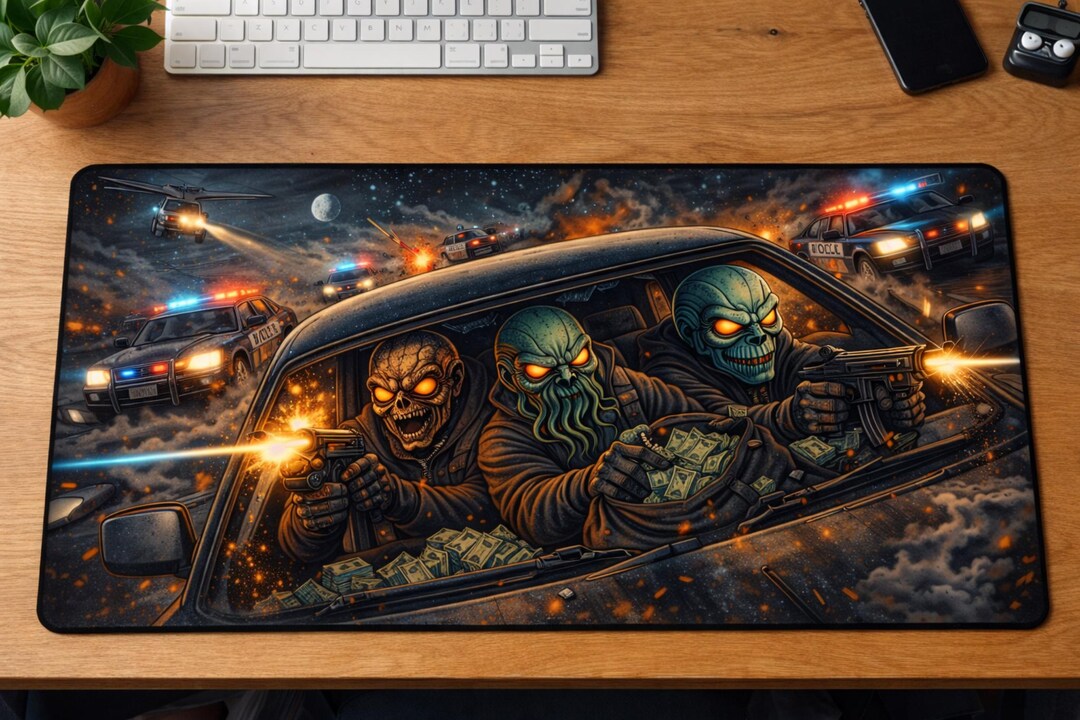 Cthulhu Heist Desk Mat | Alien Gang Car Chase Mousepad - Etsy