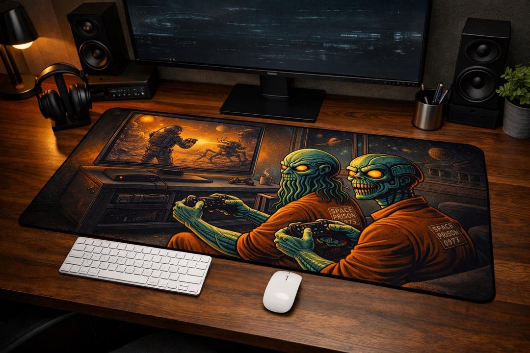 Alien Gamers Desk Mat | Retro Sci-fi Playing Video Games Artwork - Etsy