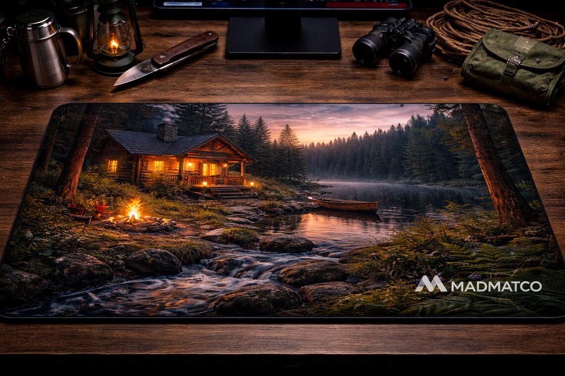 Cozy Lakeside Cabin Campfire Desk Mat | Scenic Nature Mouse Pad - Etsy