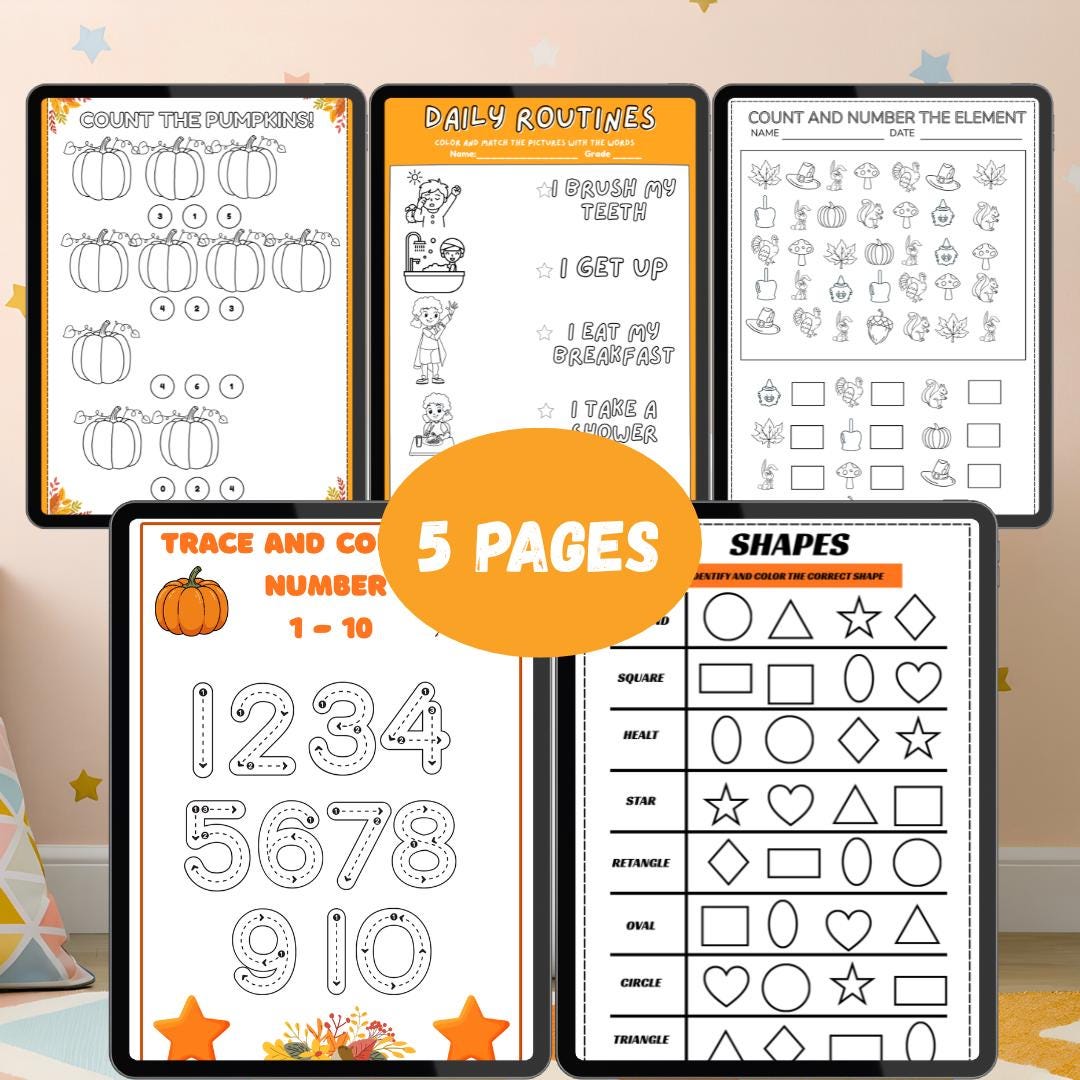 5 Pages Kids Worksheets Bundle | Preschool & Kindergarten Printables ...