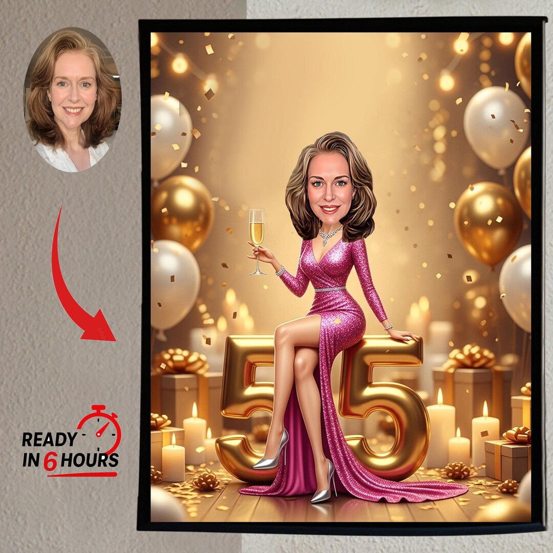 55th Birthday Caricature | Custom Glamour Woman Portrait (digital ...