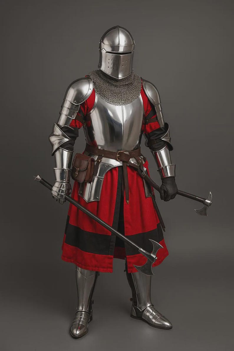 Medieval Knight Full Armor Suit With Red Cloak Chainmail, Helmet ...