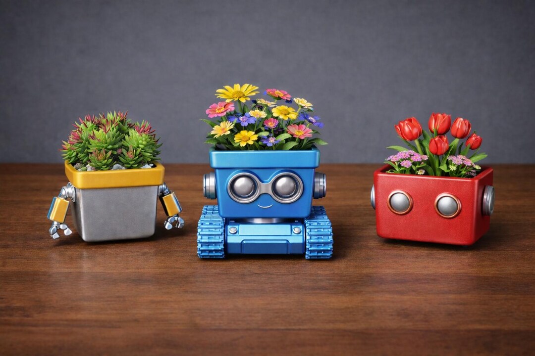 Flower Robo-pots 3D Set – Cute Desktop Robot Heads | STL File - Etsy