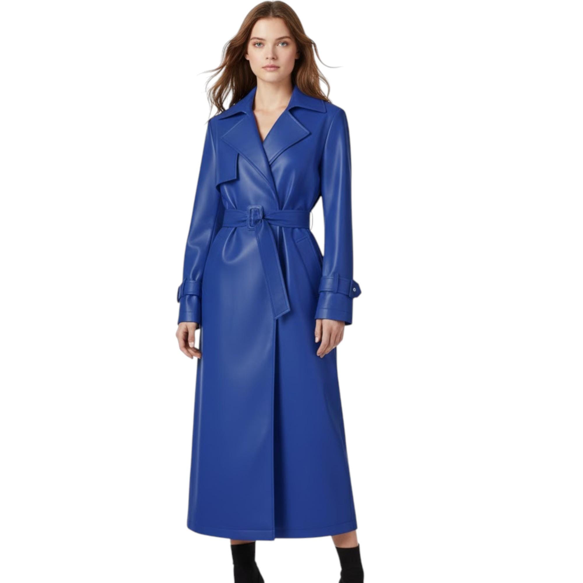 Matrix Style Blue Faux Leather Trench Coat for Women Long Gothic Vinyl ...