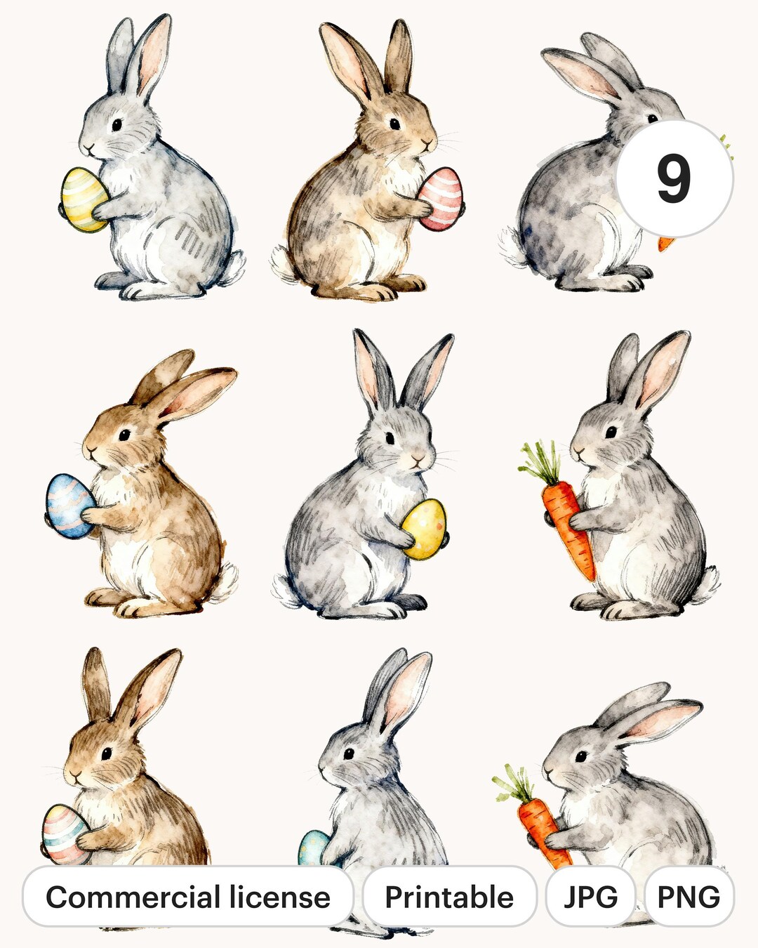 9 Watercolor Bunny Rabbits Clipart Set | Easter Clipart Bundle | PNG ...