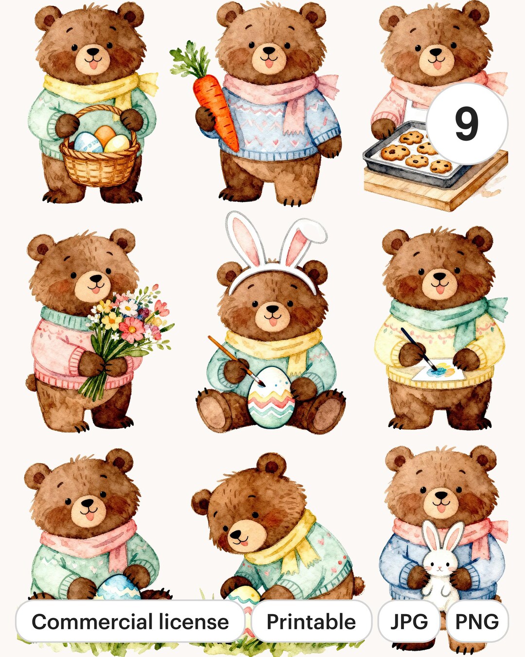 9 Bear Clipart Set | Watercolor Easter PNG & JPG | Printable Commercial ...