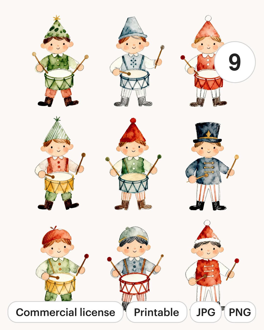 9 Little Drummer Boys Clipart Set | Watercolor Christmas PNG & JPG ...