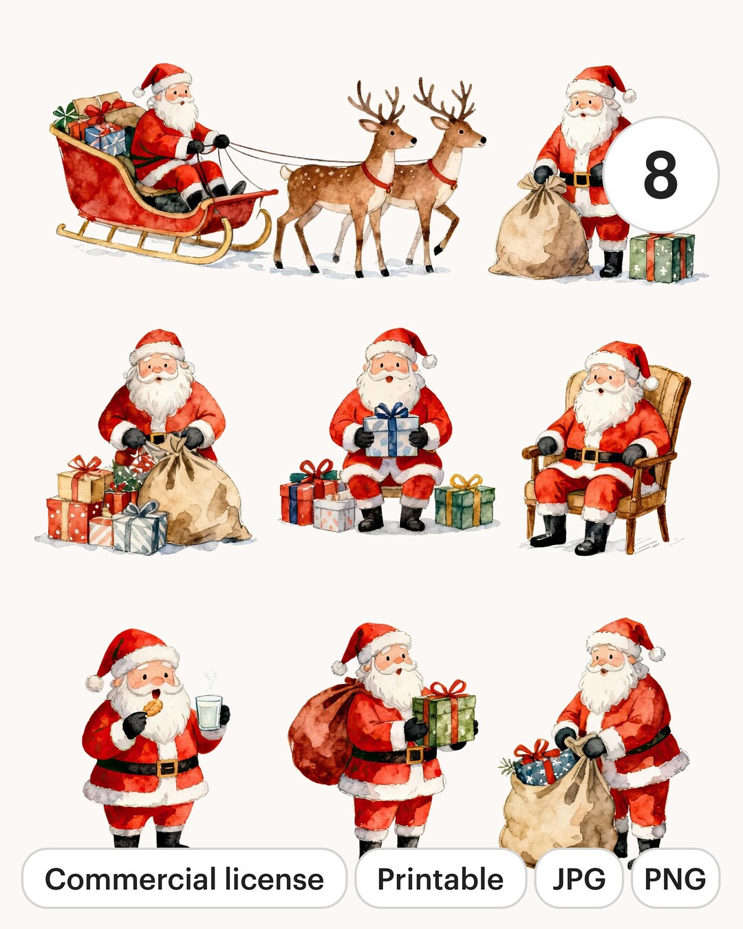 8 Santa Claus Clipart Set | Watercolor PNG & JPG | Printable Commercial ...