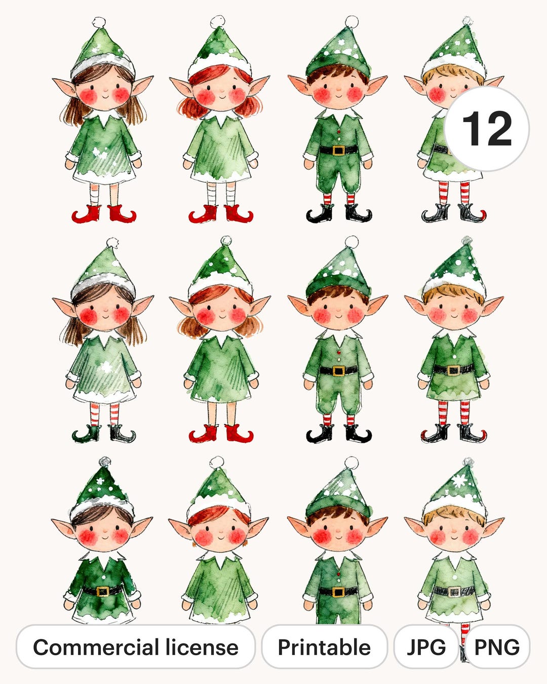 12 Christmas Children Elves Clipart Set | Watercolor PNG & JPG ...