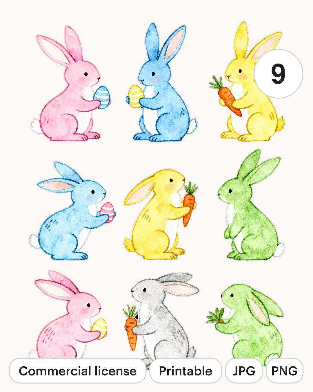 9 Colorful Easter Bunnies Clipart Set | Watercolor PNG & JPG ...