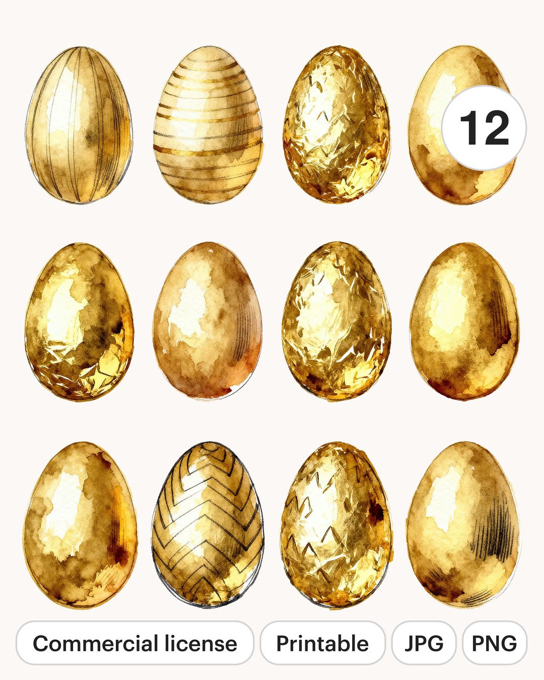 12 Gold Foil Easter Eggs Clipart Set | Watercolor PNG & JPG | Printable ...
