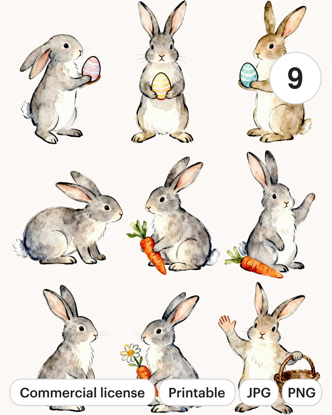 9 Easter Bunnys Clipart Set | Watercolor PNG & JPG | Printable ...
