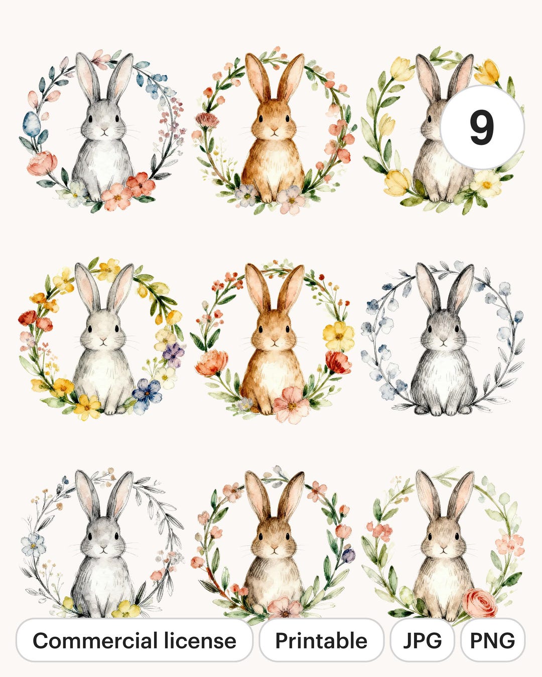 9 Easter Bunny Wreaths Clipart Set | Watercolor PNG & JPG | Printable ...