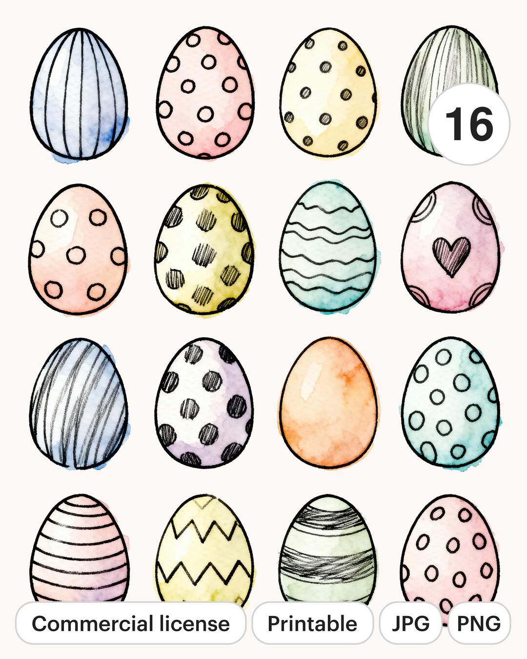 16 Colorful Easter Eggs Clipart Set | Watercolor PNG & JPG | Printable ...