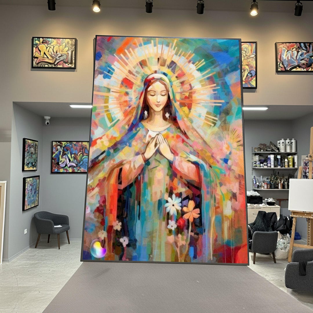 Colorful Virgin Mary Canvas Wall Art, Spiritual Religious Painting ...