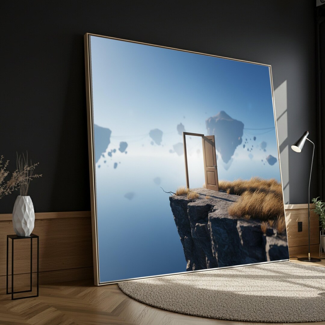 Surreal Open Door on Cliff Edge Canvas, Floating Rocks Wall Art ...